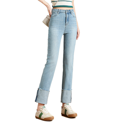 MIKIBANA直筒牛仔裤女高腰宽松显瘦浅色窄版烟管裤子J42JP3098