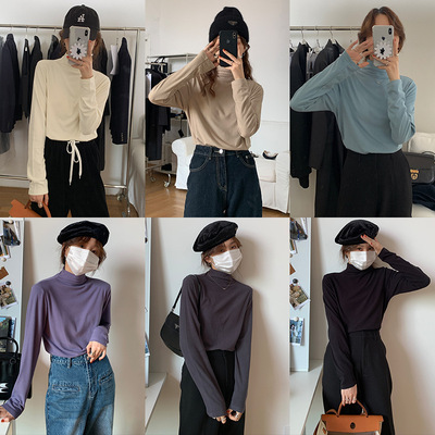 EAL羽迹秋半高领打底衫女长袖T恤堆堆领双面绒针织衫修身显瘦上衣