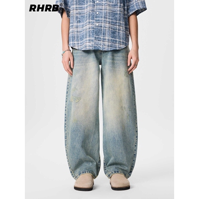 RHRB阔腿直筒弯刀牛仔裤男款夏季新款宽松慵懒风设计感小众裤子潮