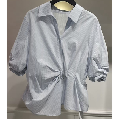 夏季修身v领条纹短袖衬衫