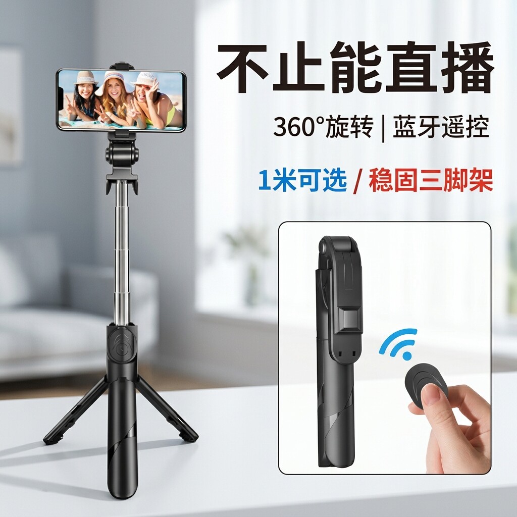 360°旋转 三脚架自拍杆 手机桌面直播伸缩支架 手持蓝牙自拍神器