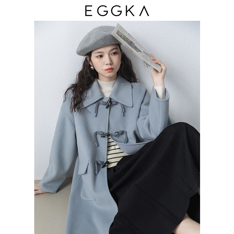 EGGKA牛角扣呢子大衣女2023新款秋冬季小个子蓝色中长款毛呢外套_虎窝淘