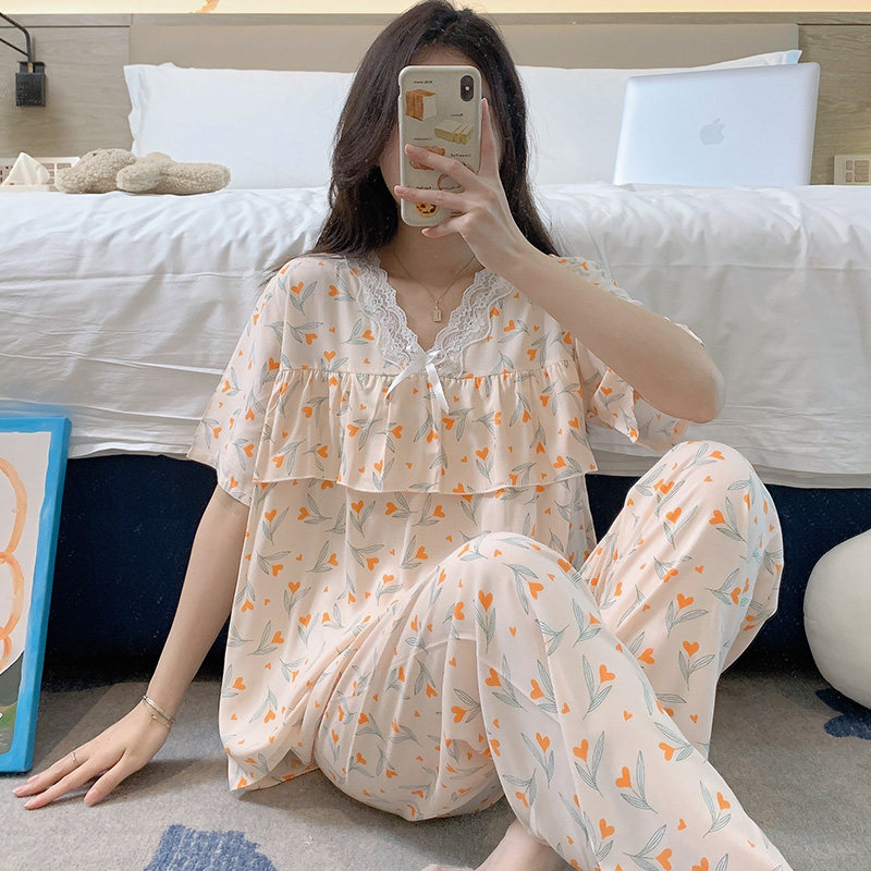 棉绸睡衣女春秋夏季薄款防凸点免穿内衣家居服甜美可外穿绵绸套装