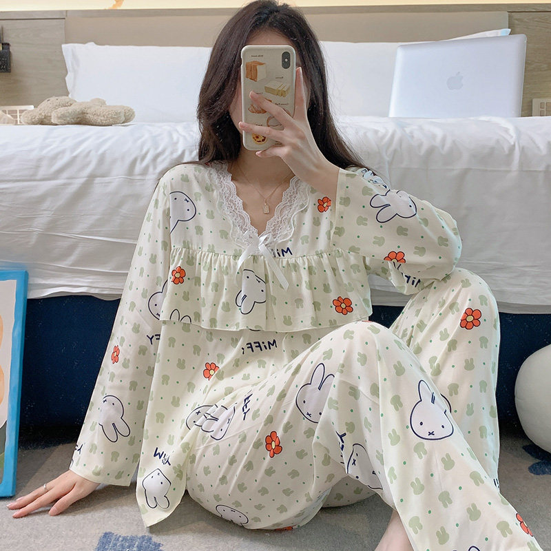 春秋季防凸点棉绸睡衣女长袖长裤宽松大码家居服夏天可外穿套装薄