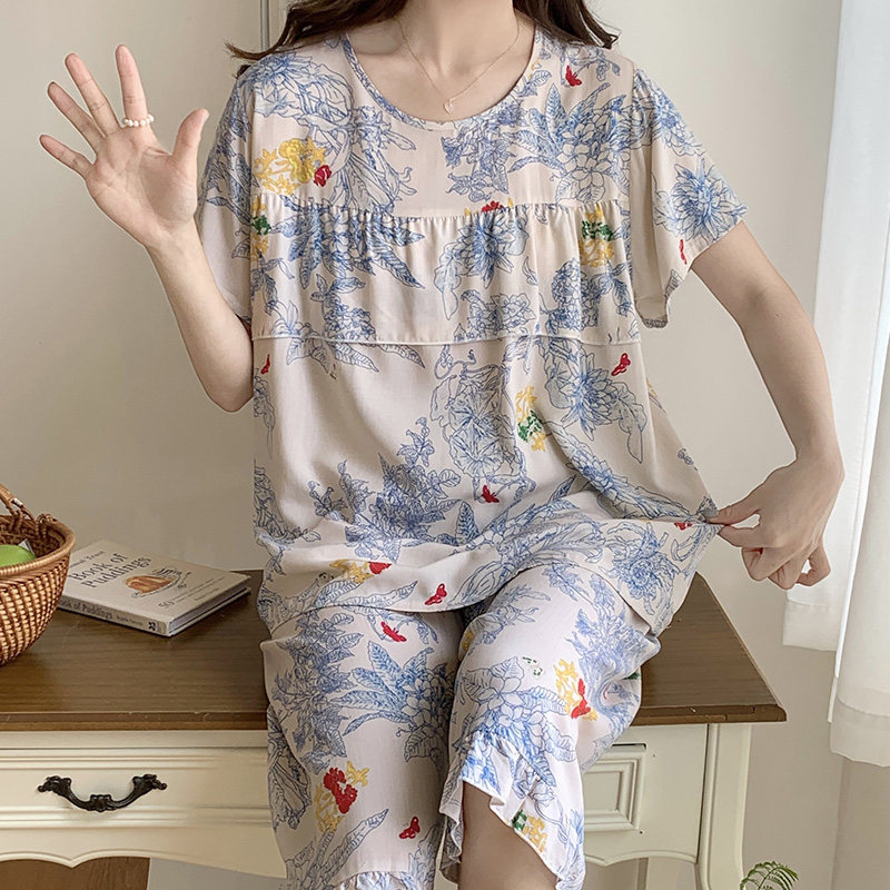 短袖可爱女士纯棉绸绵绸家居服夏春季人造棉布睡衣薄款套装空调服