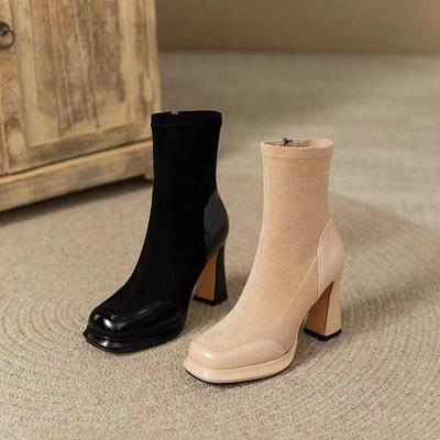 法式方头粗跟马丁靴防水台短筒靴子2024秋冬小个子高跟弹力瘦瘦靴