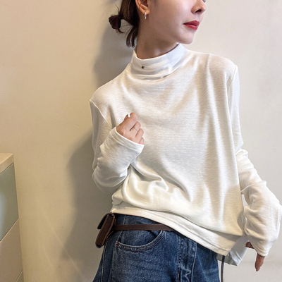 金属扣半高领磨毛加厚T恤女欧货