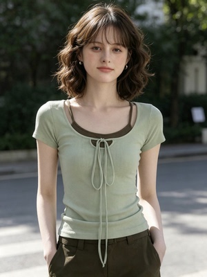 绿色方领绑带正肩短袖t恤女2026新款修身显瘦针织吊带上衣两件套