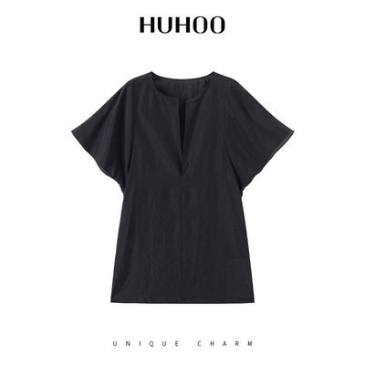 定制女装 真丝混纺V领短袖垂感阔袖显瘦通勤度假百搭0421