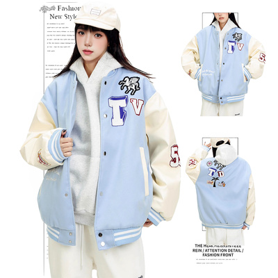 DUSK原创国潮植绒刺绣棒球服女春秋百搭设计感学院风情侣夹克外套