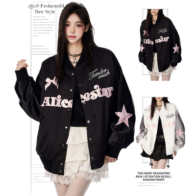 DUSK美式刺绣甜酷棒球服外套女春秋冬宽松显瘦oversize夹克上衣潮