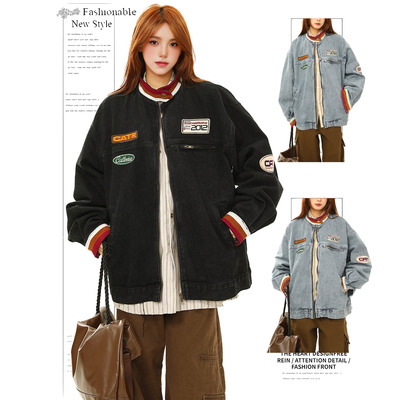 DUSK美式复古街头撞色拼接立领机车牛仔外套女春秋季宽松潮牌夹克