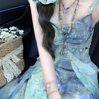 林间浮夏2025春夏新款设计感度假风印花波西米亚仙女连衣裙