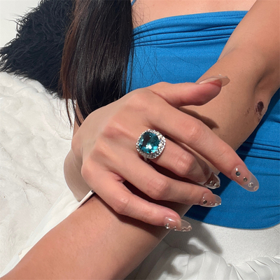 海蓝色宝石欧美高级感复古戒指