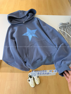 fl*yd 太好看重工做旧灰蓝/复古美式全棉毛圈星星连帽卫衣女