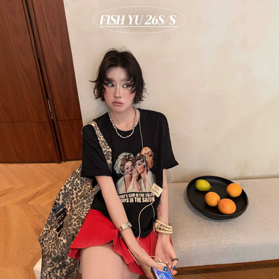 正品现货FISHYU夏季新款美式复古头巾人像白墨印花宽松短袖t恤女