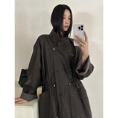韩版博主风宽松pu皮风衣外套女秋2025新款廓形抽绳收腰长款大衣