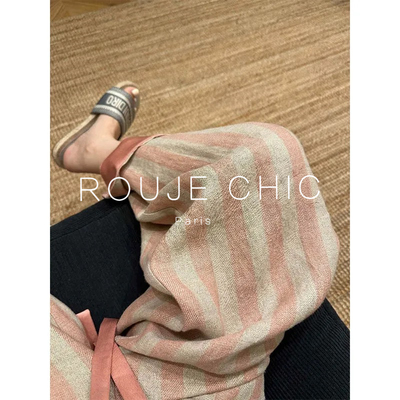 法国粉色条纹山本裤阔腿裤女夏季