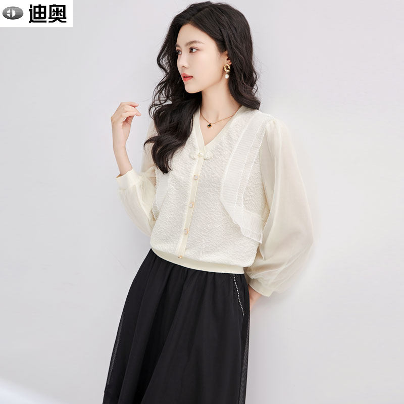 迪奥中国风长袖衬衣女新款法式蕾丝设计感衬衫小香风气质名媛上衣