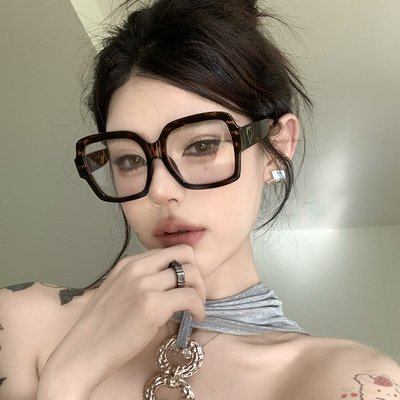 复古豹纹大粗框眼镜女可配有度数
