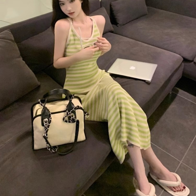 小清新针织条纹吊带连衣裙女