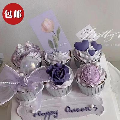 网红紫色系兰花卡片蝴蝶插件女神节纸杯蛋糕装饰珍珠丝带头像模具