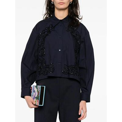 法单S家 2026早春时尚串珠绣花缀饰POLO领弧形下摆显瘦衬衫女上衣