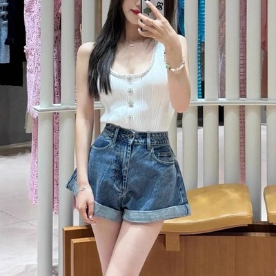 法单SP家2025夏纯净白钻饰背心手工缝钻大U领修身针织吊带上衣女