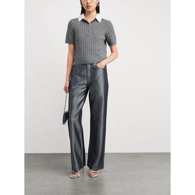 法单M家 2026早春灰色甜美撞色钉珍珠可拆polo领条纹针织衫开衫