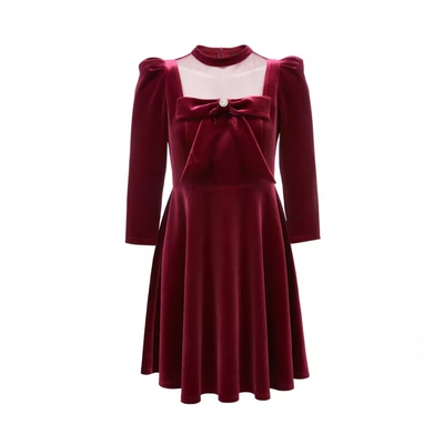 VM国内代购深红色透视网纱拼接七分袖收腰丝绒连衣裙女 32337C016