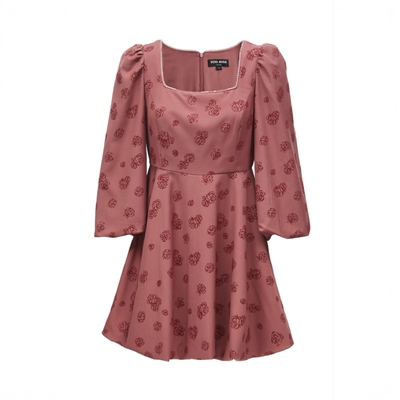 VM国内代购砖红方领串珠装饰泡泡袖七分袖收腰连衣裙女 32337C013