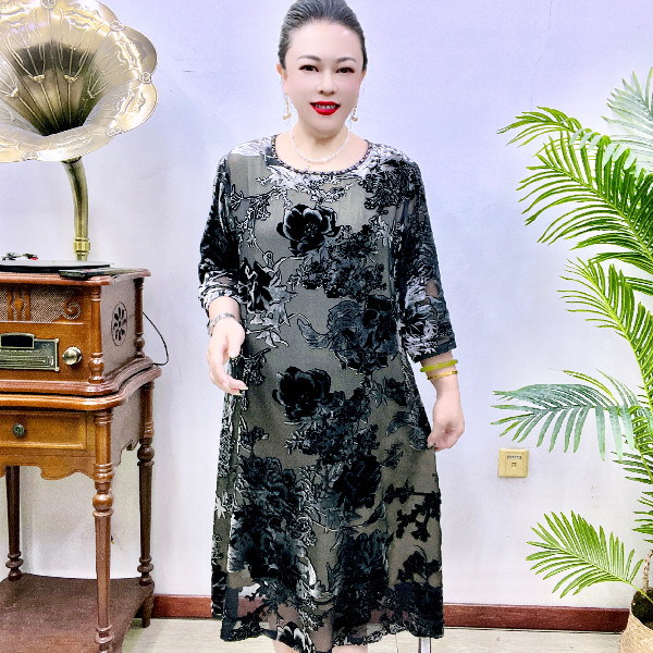 桑蚕丝连衣裙中老年高端大码时尚气质43A1930