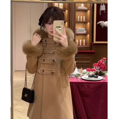 Starry狐狸毛袖毛连帽羊毛大衣