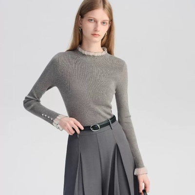 亮丝网纱拼接修身针织打底衫毛衣