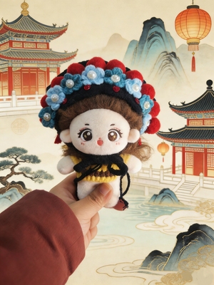 成品手工钩织毛线国风国潮戏剧可爱10cm棉花娃娃帽子头套装饰