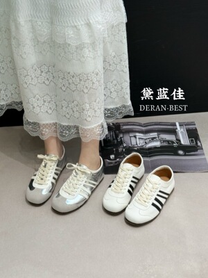 2288-006黛蓝真皮学院风德训鞋女2026春季新款系带平底百搭运动鞋