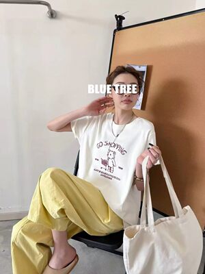 bluetree高品质简约打底衫女绵软垂顺卡通刺绣圆领短袖T恤2026夏