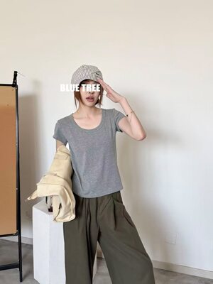 bluetree高品质简约打底衫女垂顺棉质U领正肩短袖T恤2026夏季新款