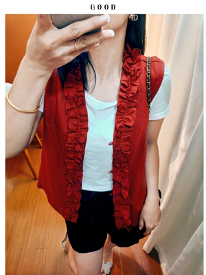 减龄荷叶边100%亚麻马甲