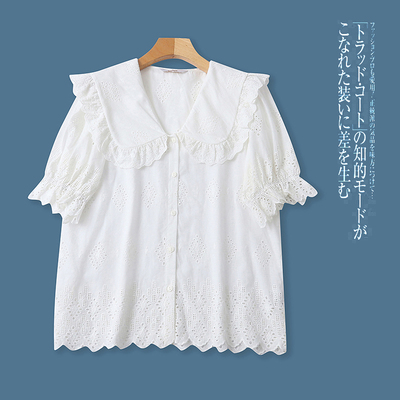 A6389外贸娃娃领刺绣衬衫女夏季新款镂空蕾丝花边温柔风法式上衣