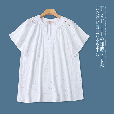 EE4522外贸欧美女士短袖上衣新款V领绣花镂空宽松大码胖MM小衫