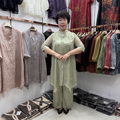 中年妈妈夏季新款立领文艺减龄洋气两件套女2025真丝刺绣休闲套裤