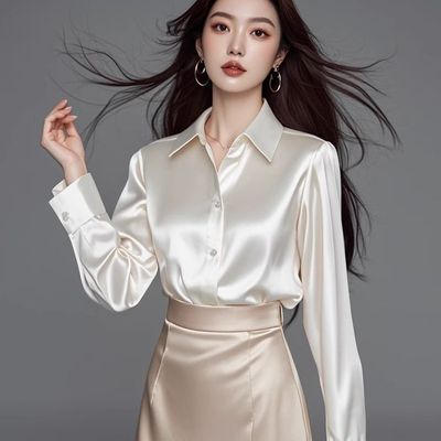 法式高级感气质翻领长袖缎面衬衫女2025春秋新款通勤时尚百搭上衣
