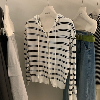 连帽条纹双拉链显瘦针织开衫女