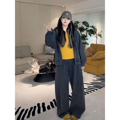 ◆高光时刻◆春新款大码女装休闲慵懒连帽水洗卫衣阔腿裤套装2557