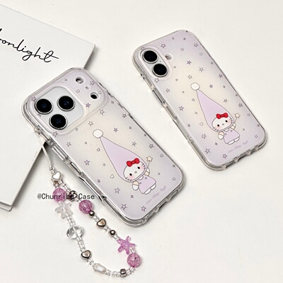 春日部防卫队Fighting｜日韩可爱卡通渐变紫色满屏星星尖尖帽kt猫适用苹果17/16promax手机壳iphone15/14/13