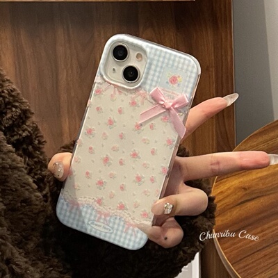 格纹花朵立体蝴蝶结手机壳