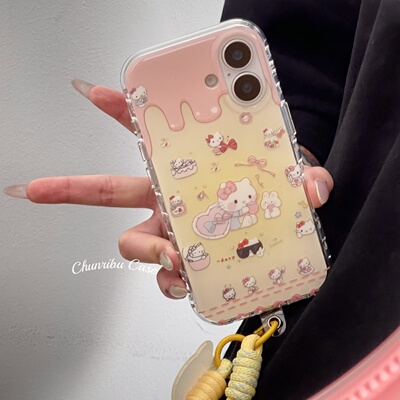 春日部防卫队Fighting｜可爱卡通融化奶油蛋糕hellokitty日韩适用苹果16promax手机壳少女挂绳iphone15/14/13
