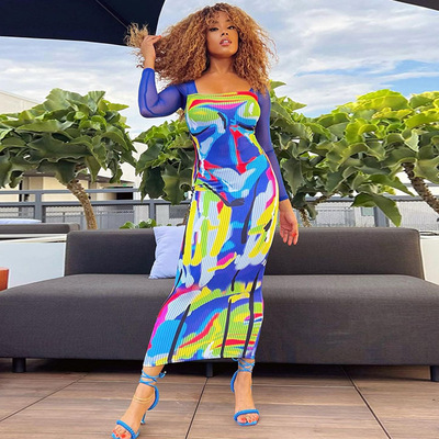 赛博朋克人体抽象印花一步裙新品