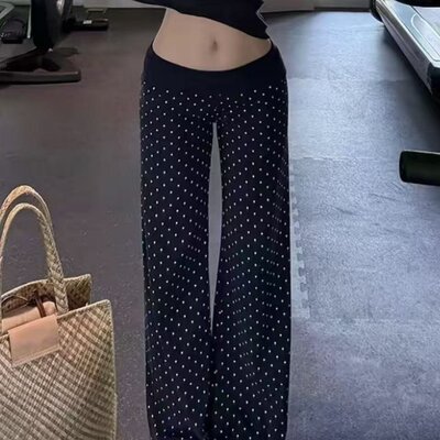 175高个子波点藏青高腰/低腰两穿休闲裤女夏慵懒遛弯微喇长裤